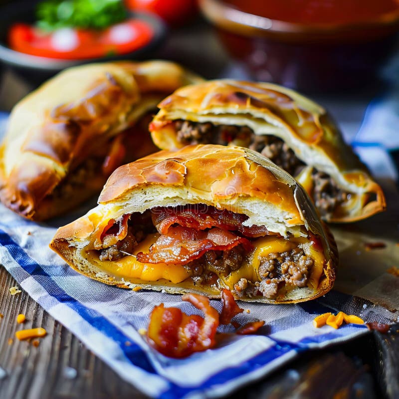 A Meat and Cheese Filled Pastry on a Napkin Stock Photo - Image of food ...