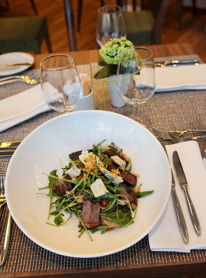 Meat and Cheese Salad on Restaurant Table Stock Image - Image of ...