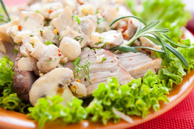 Meat cooked with mushrooms stock image. Image of rosemary - 29498055