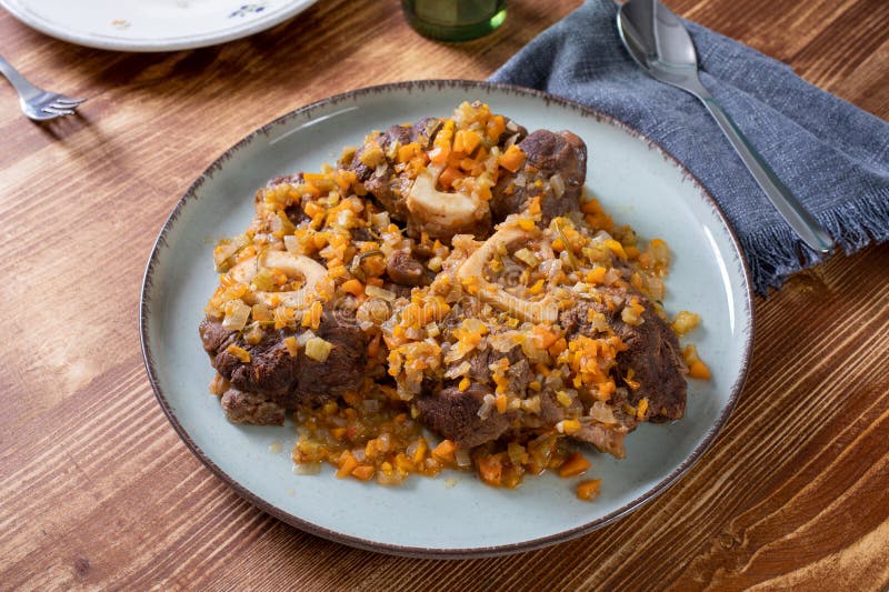 Meat Cooked with Vegetables on Wooden Table Background Stock Photo ...