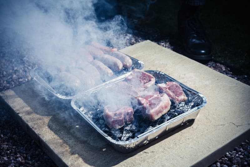 Meat Cooking Outdoors Rural Kitchen with Wood on Open Flame Stock Image ...