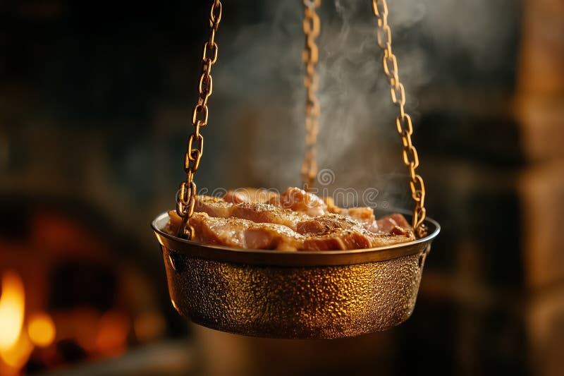 Meat Cooking in Hanging Pot Over Open Flame Creating Steam. Rustic ...
