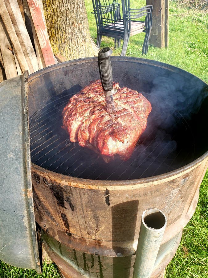 Meat Cooking on a Homemade Barrell Grill in IL Stock Photo - Image of ...