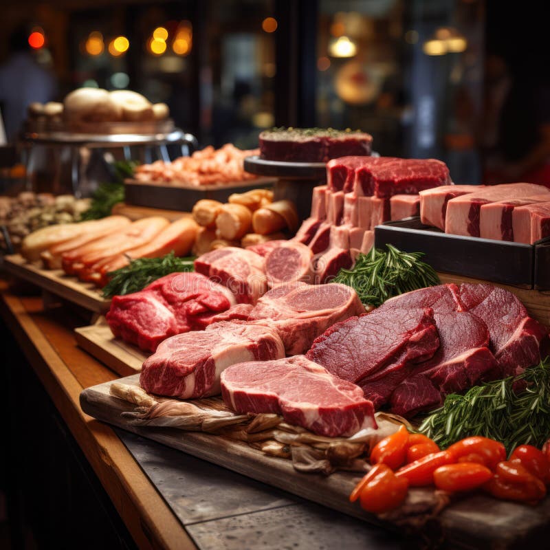 Meat Counter with a Variety of Meat Products Stock Illustration ...
