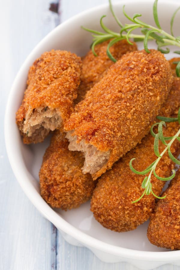 Meat Croquettes in White Dish on Blue Stock Image - Image of chicken ...