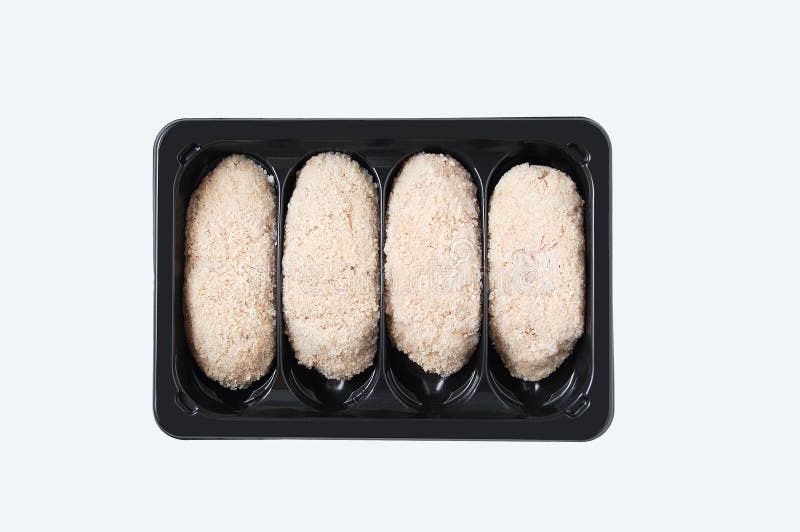 Meat Cutlets Black Plastic Packaging. White Isolate Stock Photo - Image ...