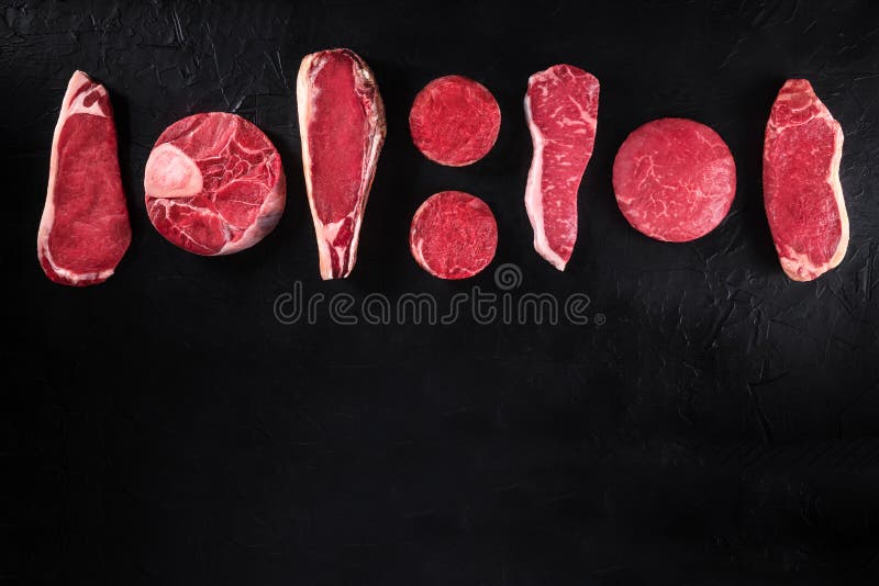 Meat Cuts, Top Shot with a Place for Text. Beef Variety Stock Photo ...