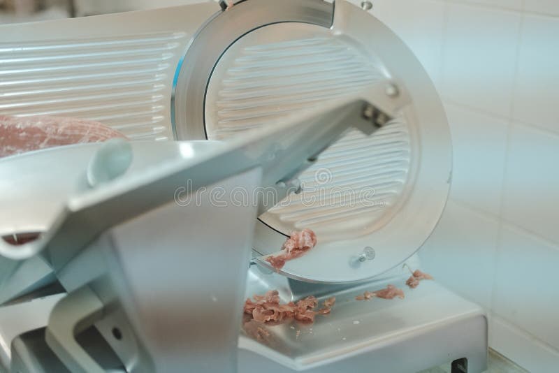 Meat Cutting Slicing Machine in Food Processing Factory Stock Photo ...