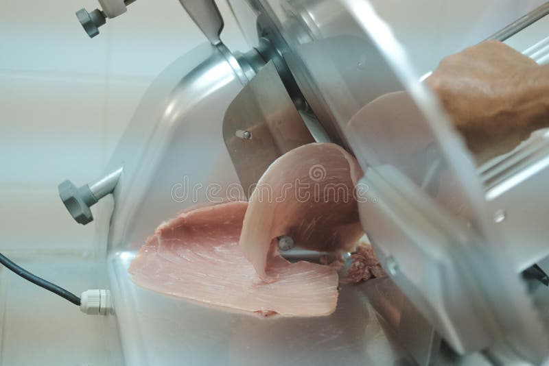 Meat Cutting Slicing Machine in Food Processing Factory Stock Photo ...