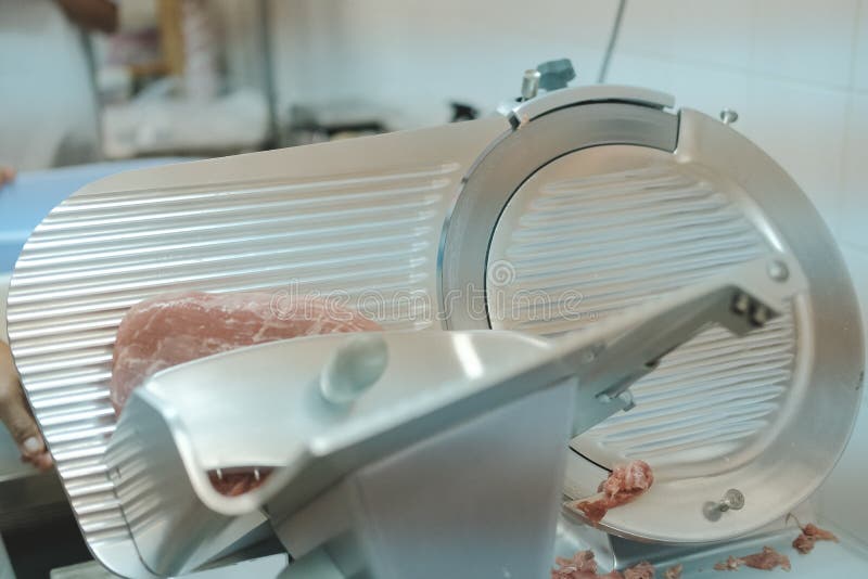 Meat Cutting Slicing Machine in Food Processing Factory Stock Photo ...
