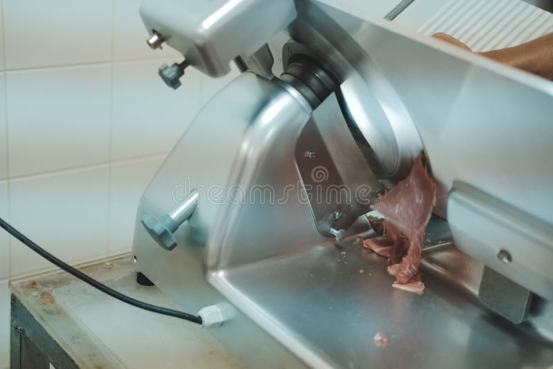 Meat Cutting Slicing Machine in Food Processing Factory Stock Image ...