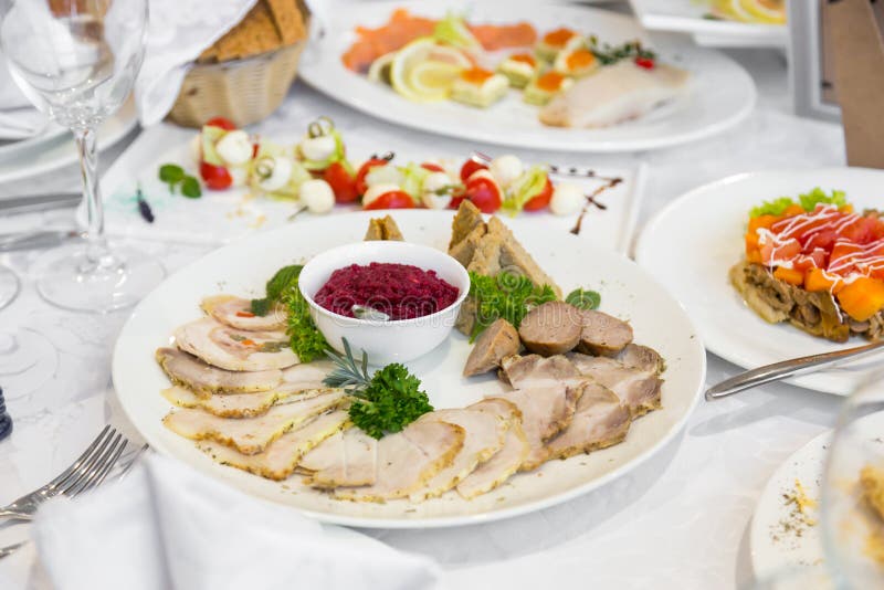 Meat Cutting the Wedding Table. Fat Meat Slices Texture. Stock Photo ...