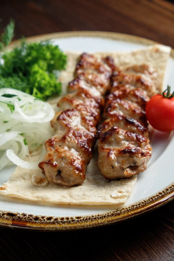 Meat dish lula kebab stock photo. Image of tomato, lula - 158637650