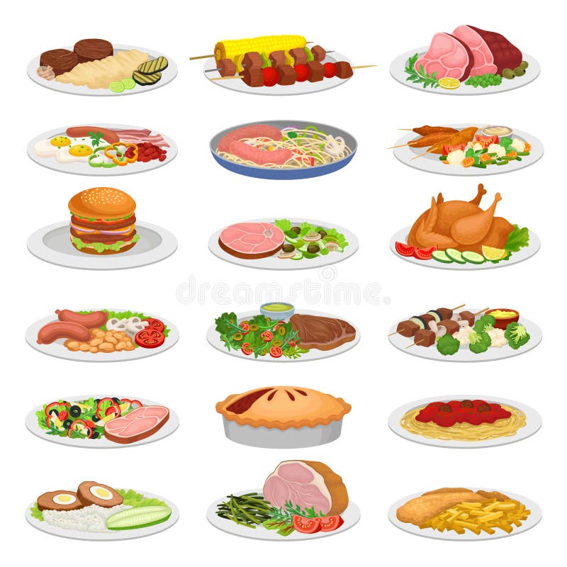 Meat Dish Served on Plate for Restaurant Menu Big Vector Set Stock ...