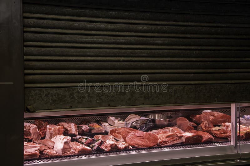 Butcher Shop Window during Closing Time Stock Photo - Image of cold ...