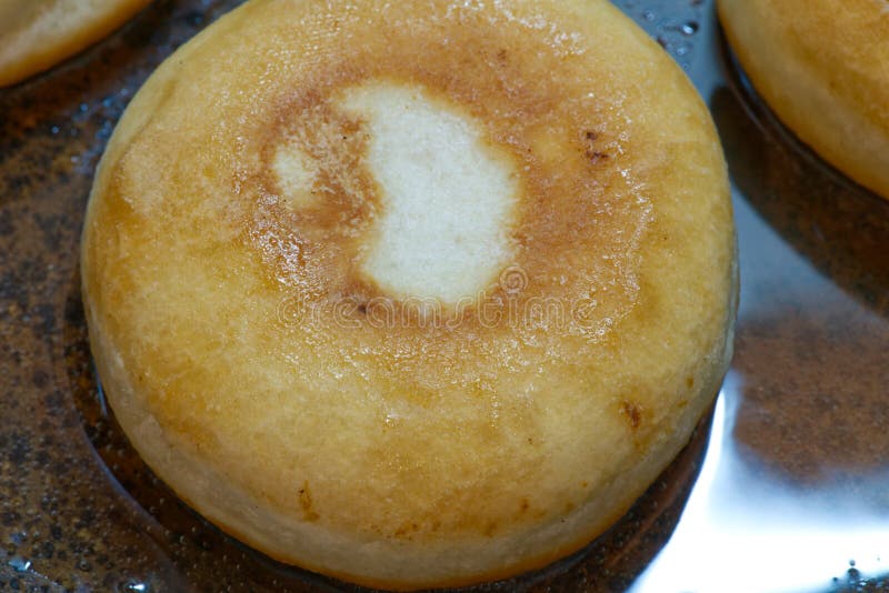 Meat Donut Fried in a Frying Pan. Closeup Stock Image - Image of meat ...