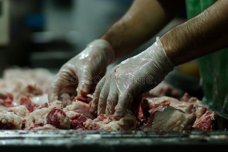 Meat Factory Worker Collecting Packaged Meat from a Conveyor Belt in a ...