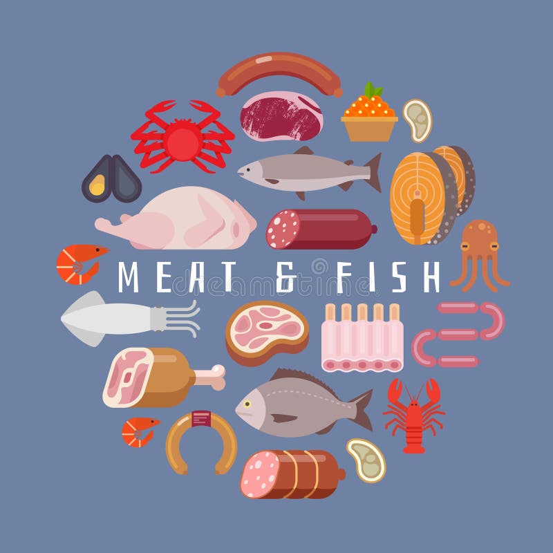Meat and fish composition stock vector. Illustration of lunch - 78335488