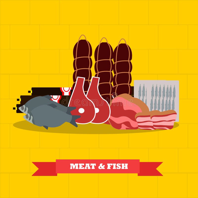 Meat and Fish Food Products Vector Illustration in Flat Style Design ...