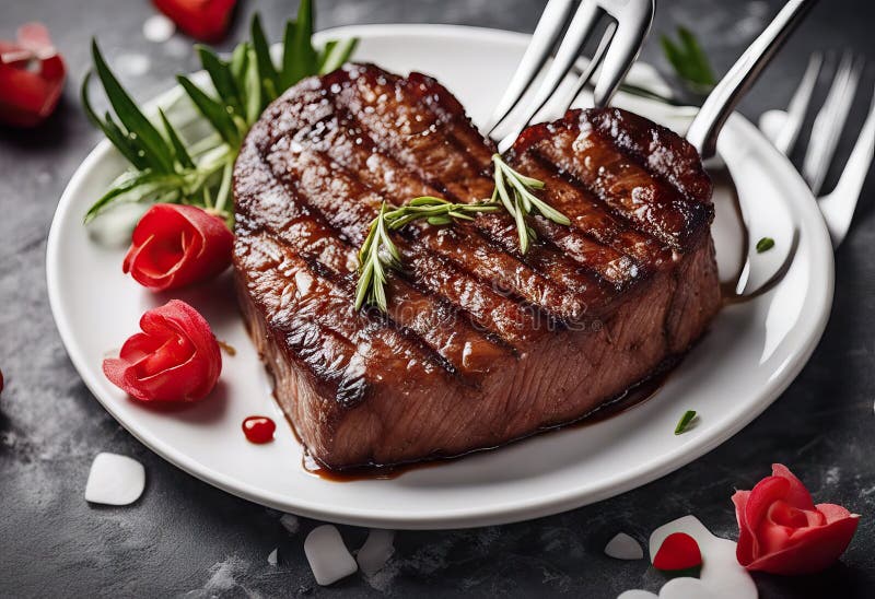 Meat Fork Background Stone Grilled Shaped Beef Steak Heart Stock ...