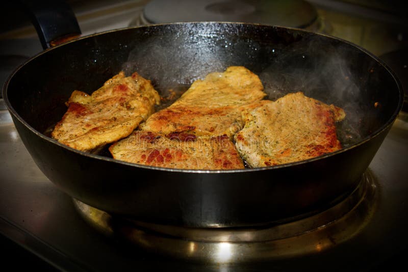 Meat frayed on fraying pan stock photo. Image of appetizer - 35025520