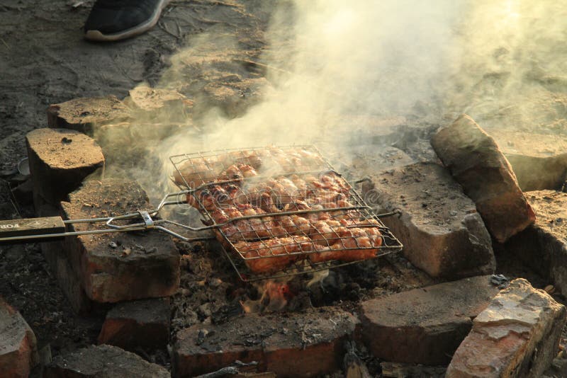Meat is Fried Over a Fire with Smoke Stock Photo - Image of food ...