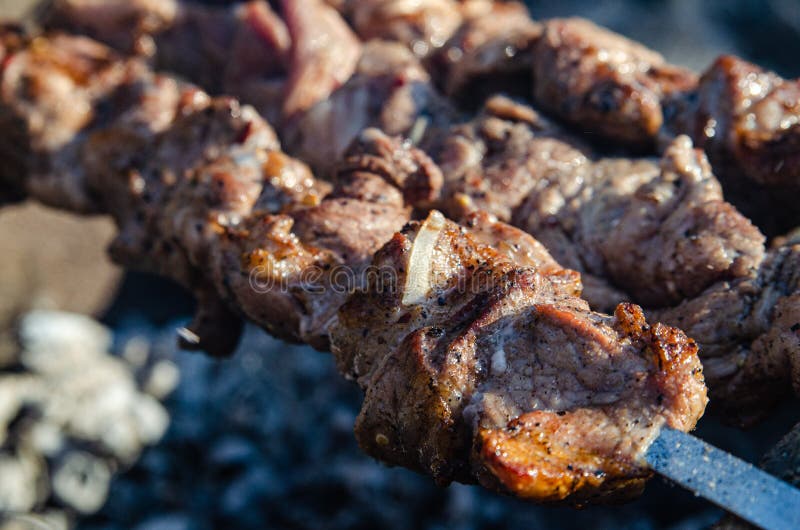 The Meat is Fried Over an Open Fire Stock Image - Image of metal, pork ...