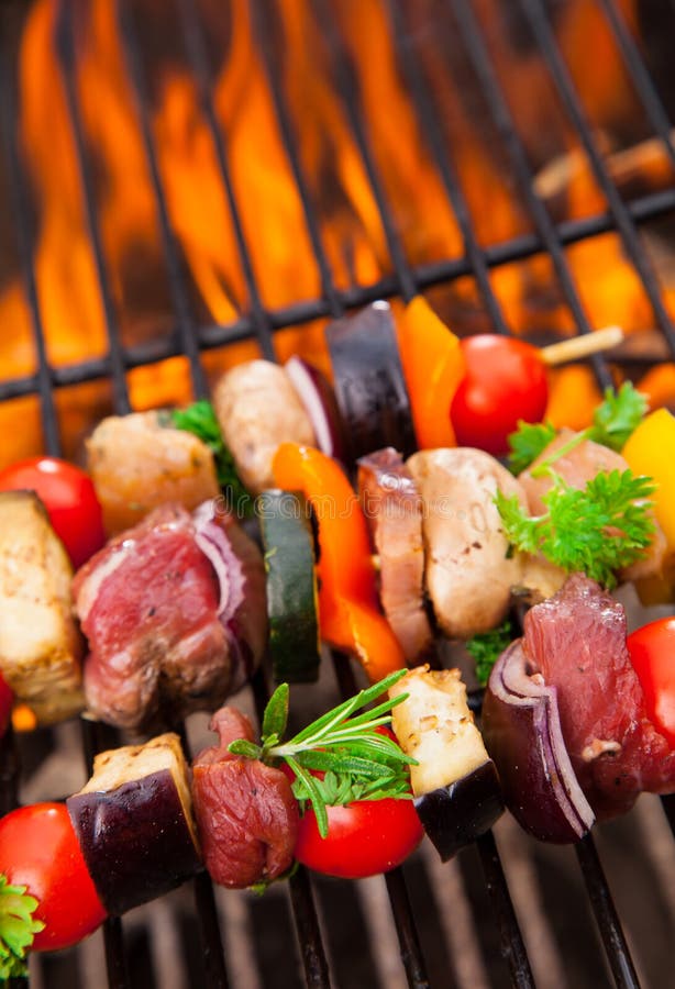 Meat on grill stock image. Image of cookout, flame, skewer - 32398493