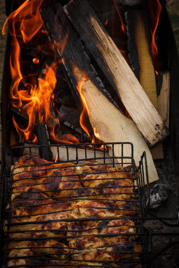The Meat is Fried in a Grid on the Grill Stock Image - Image of camping ...