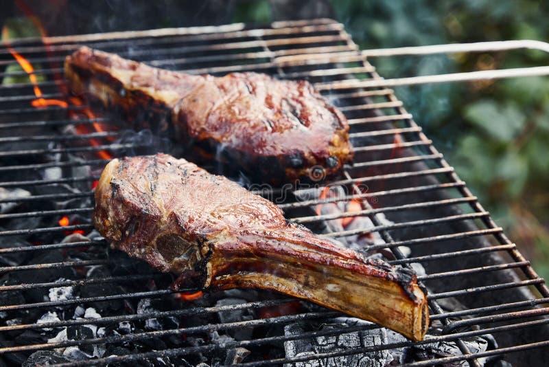 Meat Grilling on Barbecue Grid and Stock Image - Image of meat ...