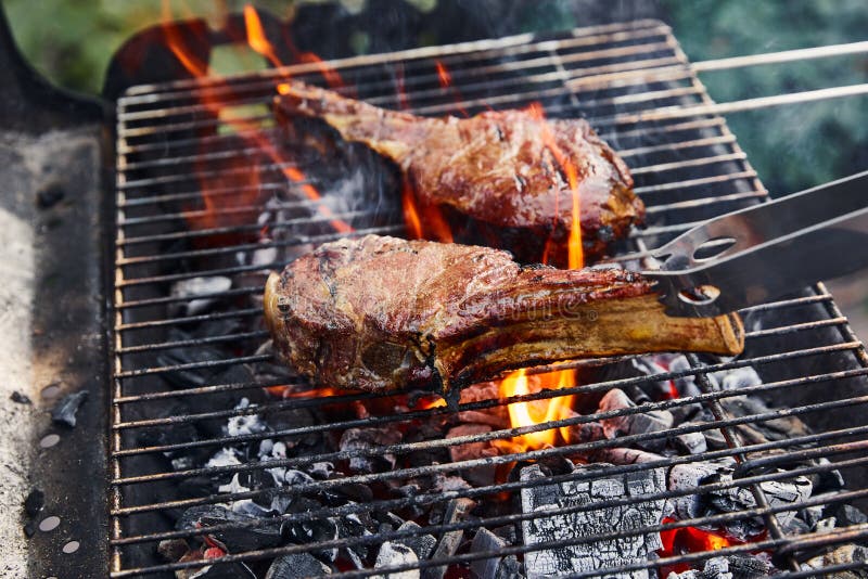 Meat Grilling on Barbecue Grid and Stock Image - Image of grilling ...