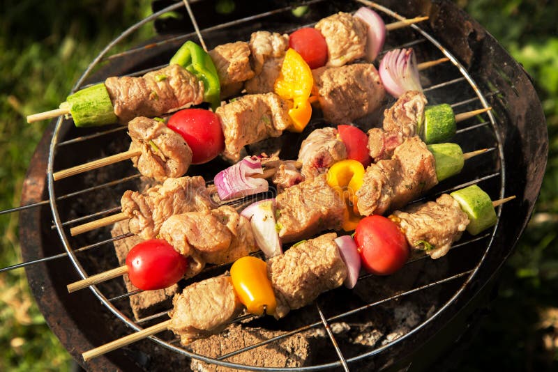 Meat Grilling Over the Coals on a Portable Barbecue Stock Image - Image ...