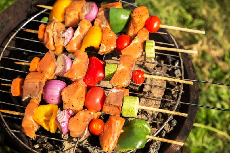 Meat Grilling Over the Coals on a Portable Barbecue Stock Photo - Image ...