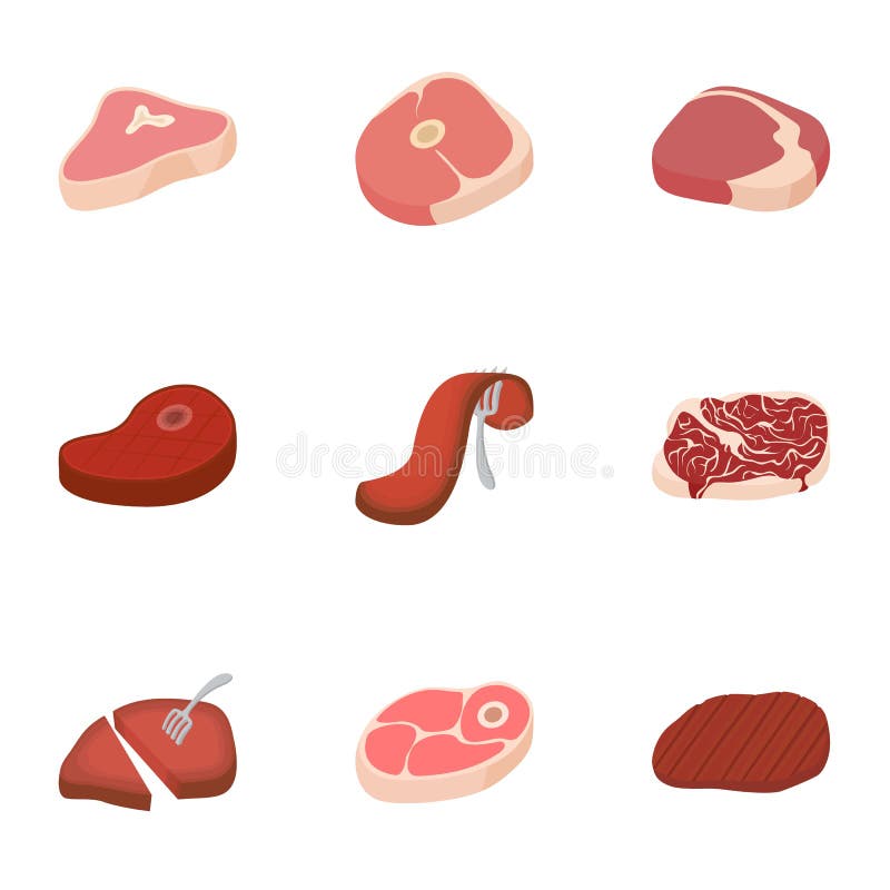 Meat Icons Set, Cartoon Style Stock Illustration - Illustration of ...