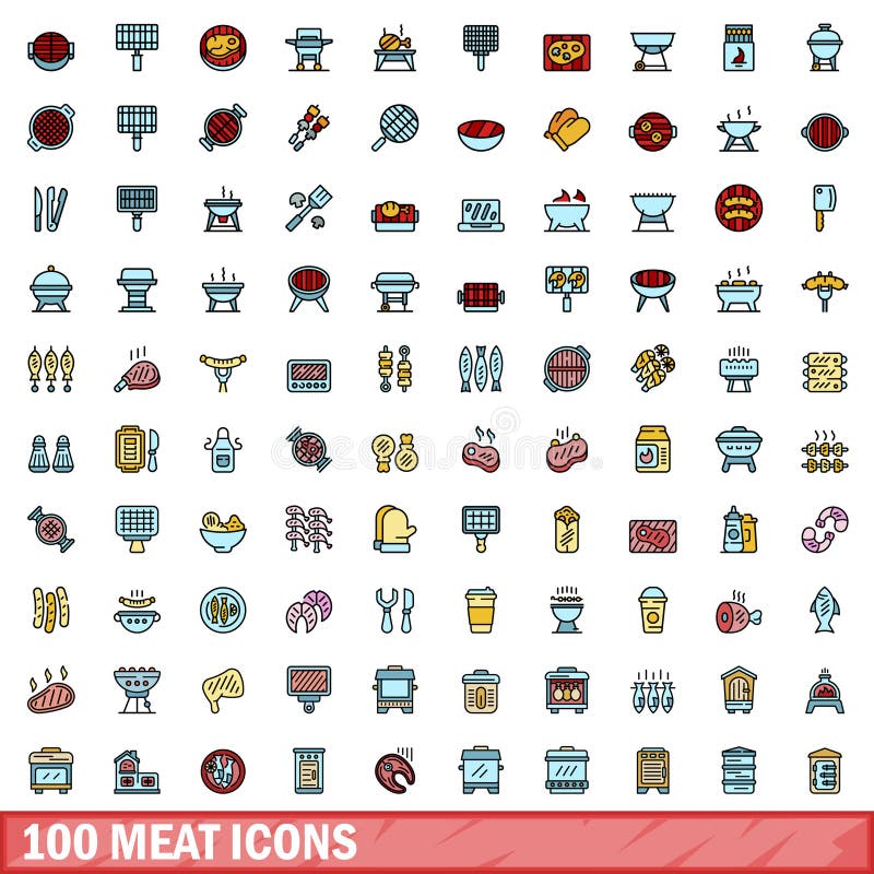 100 Meat Icons Set, Color Line Style Stock Vector - Illustration of ...