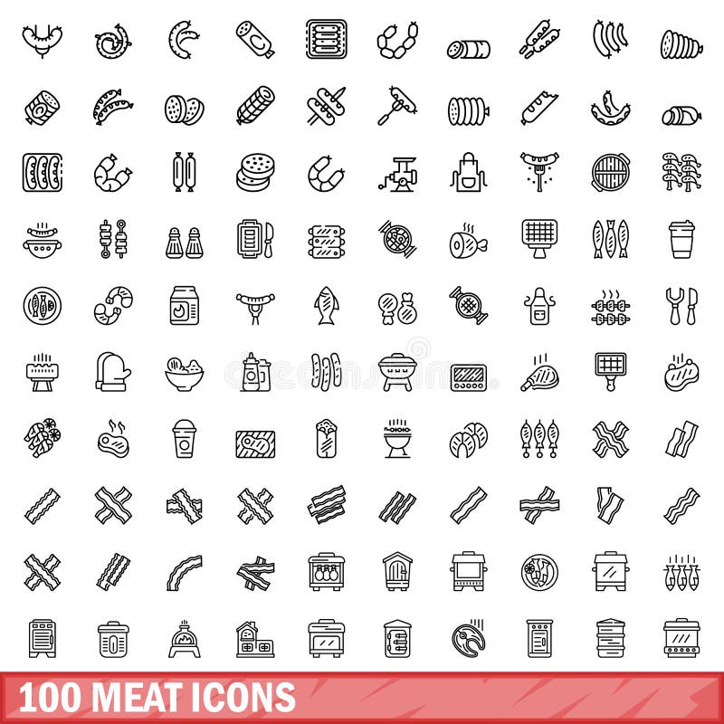 100 Meat Icons Set, Outline Style Stock Illustration - Illustration of ...