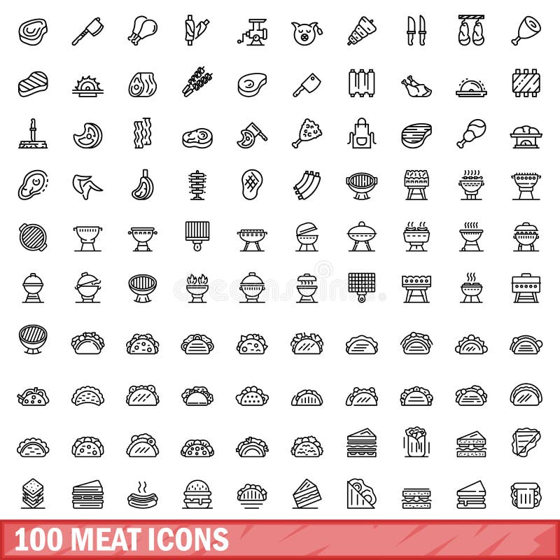 100 Meat Icons Set, Outline Style Stock Vector - Illustration of ...