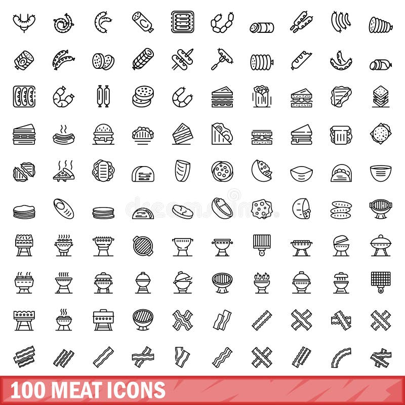 100 Meat Icons Set, Outline Style Stock Vector - Illustration of ...
