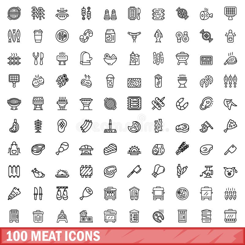 100 Meat Icons Set, Outline Style Stock Vector - Illustration of icon ...