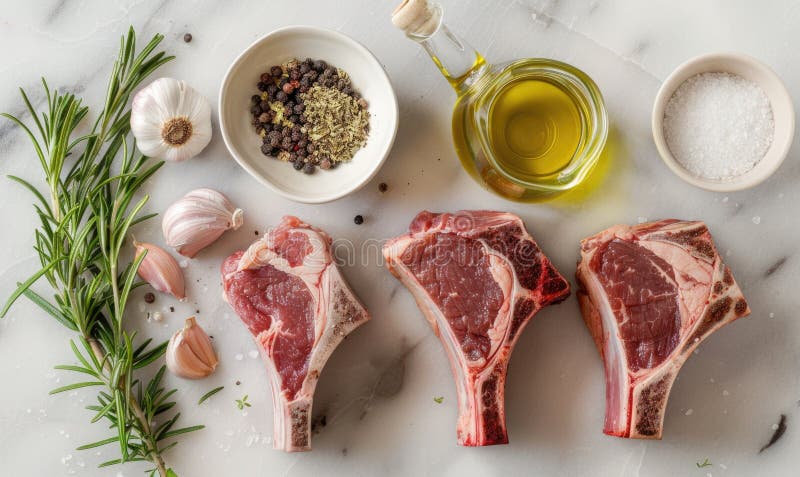 Meat Ingredients on a Countertop, Lamb Cutlets, Top View Stock Photo ...