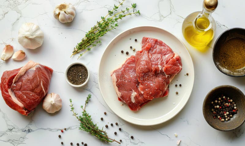 Meat Ingredients on a Marble Countertop, Beef Flank, Top View Stock ...