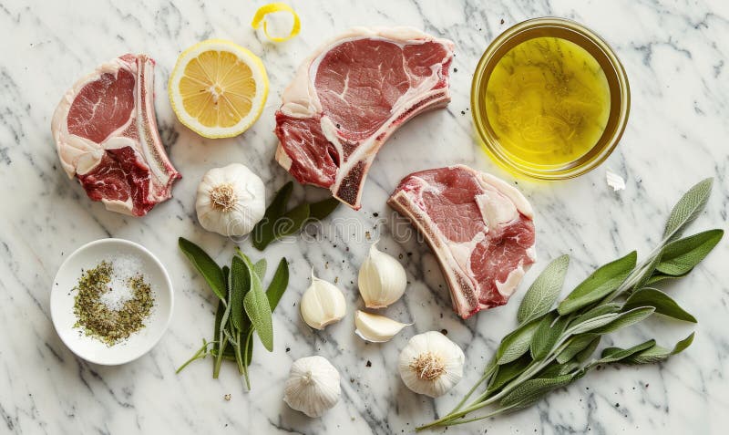 Meat Ingredients on a Marble Countertop, Raw Steak, Top View Stock ...