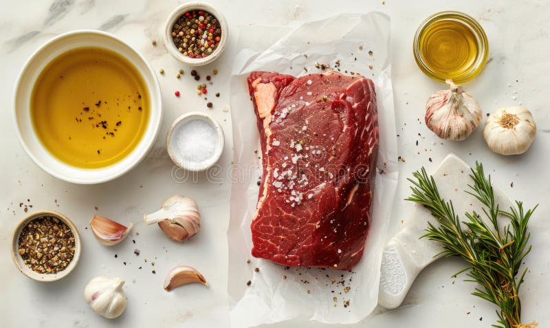 Meat Ingredients on a White Countertop, Beef Brisket Stock Photo ...