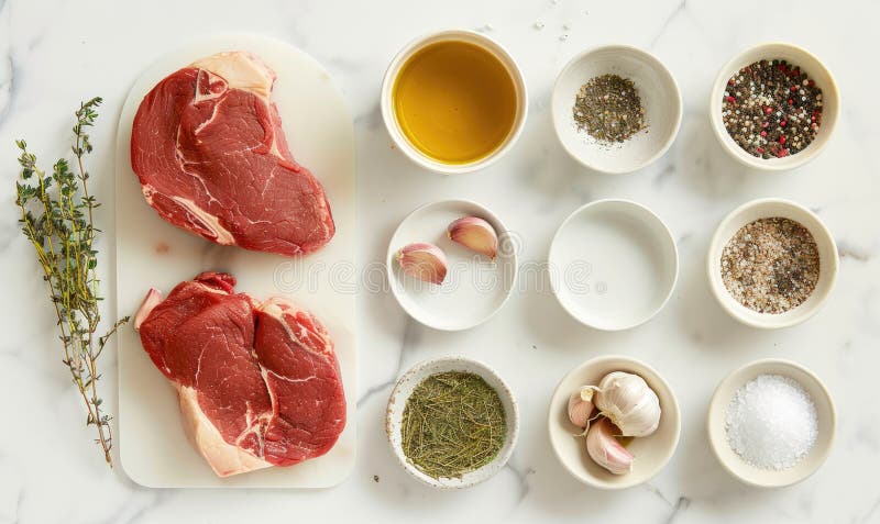 Meat Ingredients on a White Countertop, Beef Steaks Stock Image - Image ...