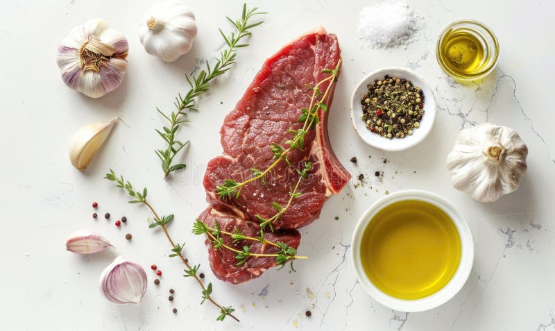 Meat Ingredients on a White Countertop, Beef Steaks Stock Image - Image ...
