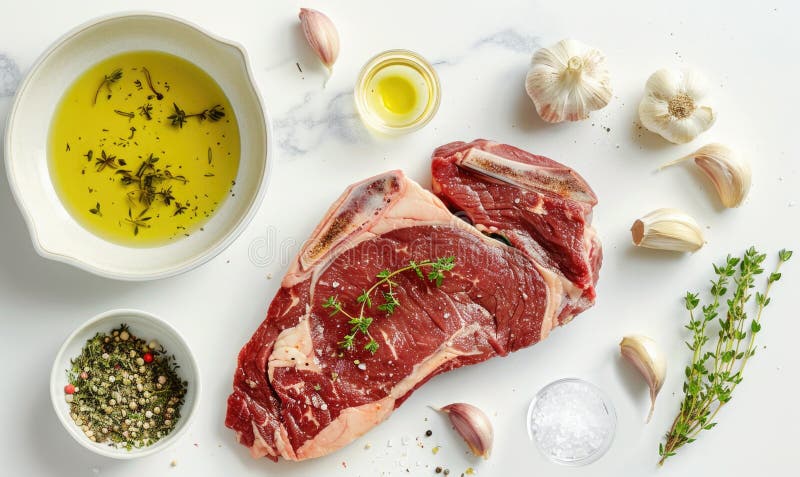 Meat Ingredients on a White Countertop, Beef Steaks Stock Photo - Image ...