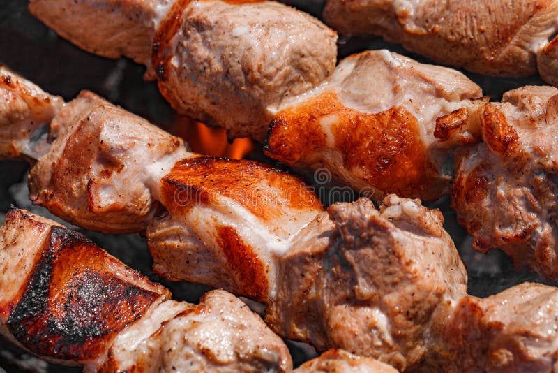 Meat with Lard Cooked in Chunks on Barbecue, Close-up, Selective Focus ...