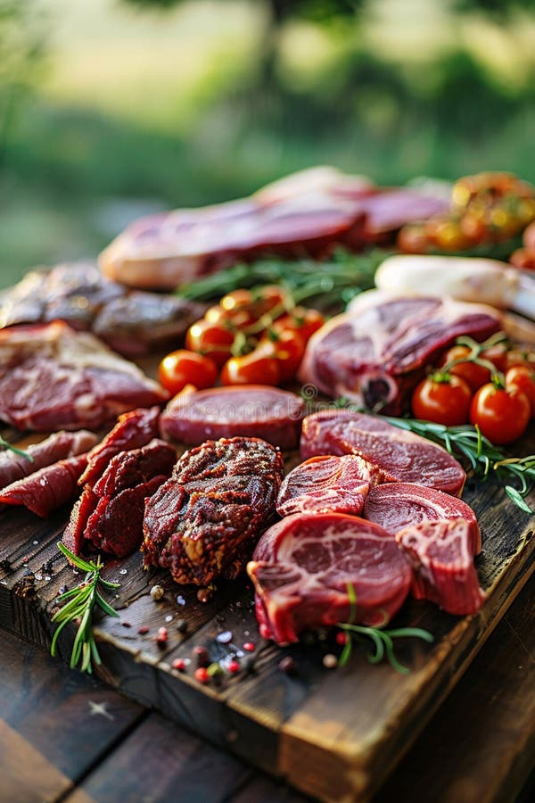 Meat and Lard on a Wooden Table on the Background of a Farm with a Pig ...