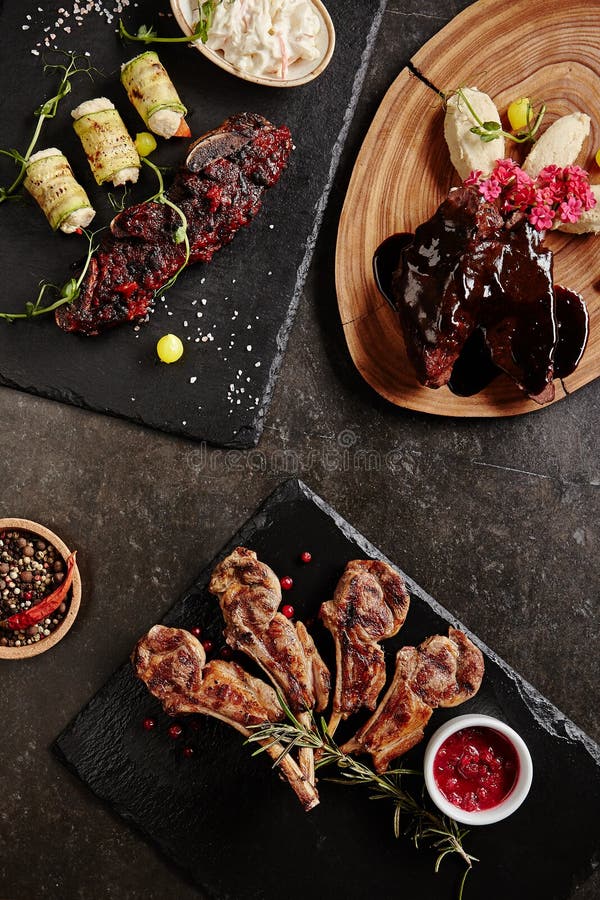 Meat Main Course with Lamb Chops, Beef Ribs and Lamb Cheeks Stock Photo ...