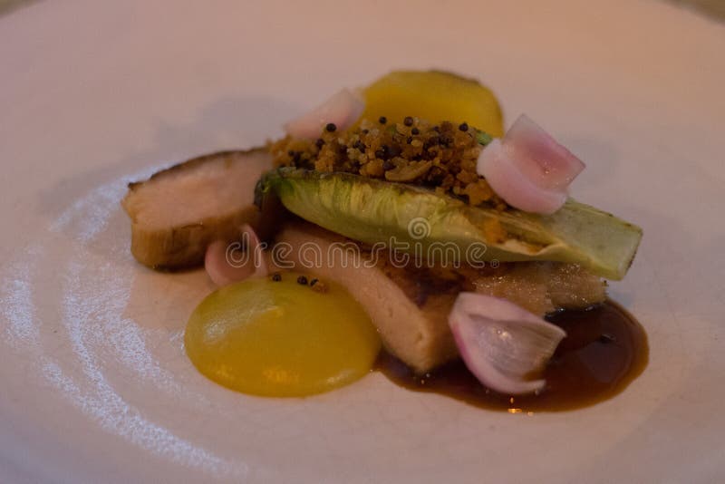Meat Main Course of Pork Jowl, Pineapple, Shallots, Crispy Pork Fats ...